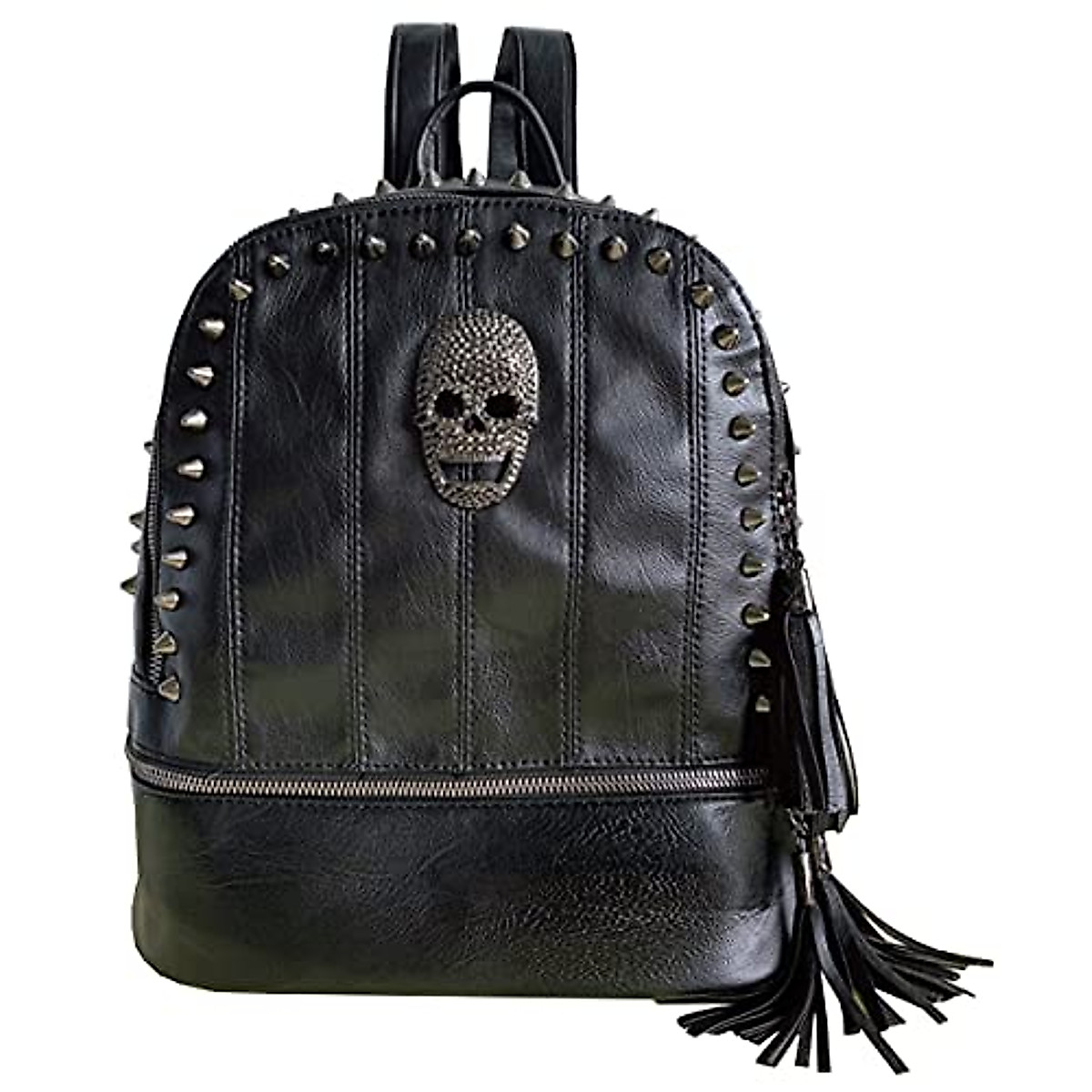 Women Skull Backpack Rivet Studded Fashion Daypack Gothic Purse Tassel Zipper (Slivet Round Rivet)