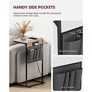 Evermagin C Shaped End Table with Charging Station, Small Side Table for Recliner, Over Couch Table with Outlet and Storage Bag, Slide Under Sofa Tray Table for Living Room, Bedroom, Greige
