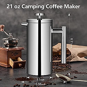 Miuly Cafetiere 3 Cup/600ml Stainless Steel Double Wall French Press with Coffee Measuring Spoon,Thermal Insulation Silicone Sealed Lid,Silver