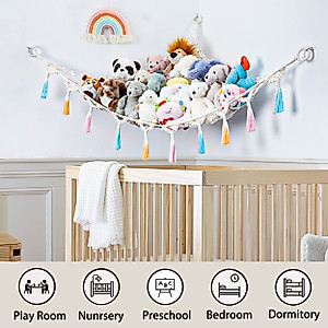 Stuffed Animal Net or Hammock with Light,Yewiwin Macrame Hanging Net Hammock for Stuffed Animal Toy Storage Organizer Boho Decor Room Holder for Nursery Play Room Bedroom (Beige)