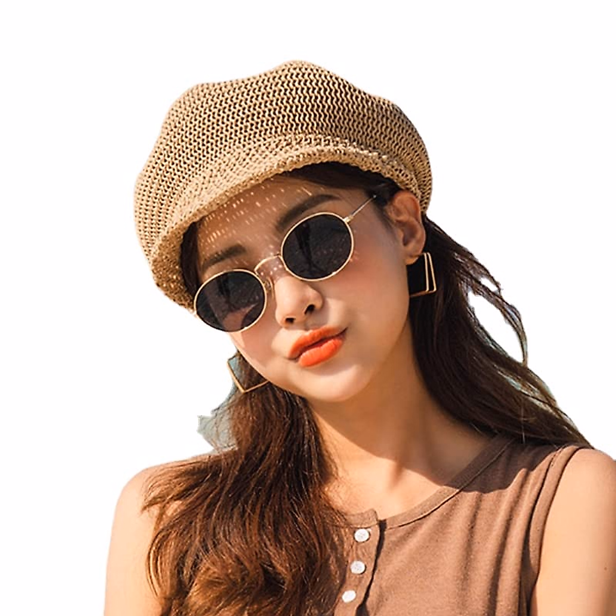 Wubruny Women Summer Octagonal Cap Straw Thin Newsboy Cap Painter Adjustable Rope Knitted Beret Mesh Breathable Boinas para Mujer Hat (Khaki)