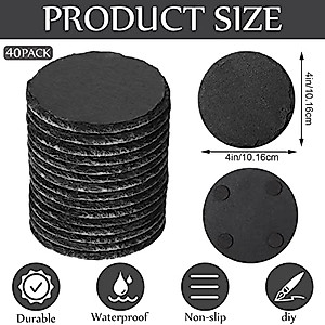 40 Pieces Round Slate Coasters Bulk, 4 x 4 Inch Black Stone Coasters Drink Coasters Bar Coasters Cup Coaster with Anti Scratch Bottom for Drinks Table Kitchen Bar Home