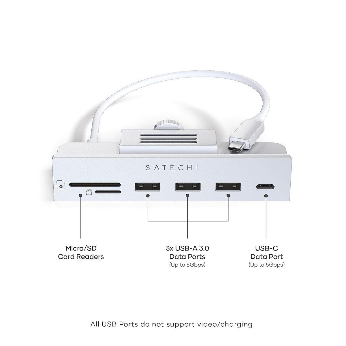 Satechi USB C Hub – iMac USB Adapter – USB C Data Port, USB-A 3.0 Data, Micro/SD Card Readers, USB C Clamp Hub For Apple Studio Display & iMac 24-inch, Does Not Fit 2020 iMac & Earlier Models - Silver