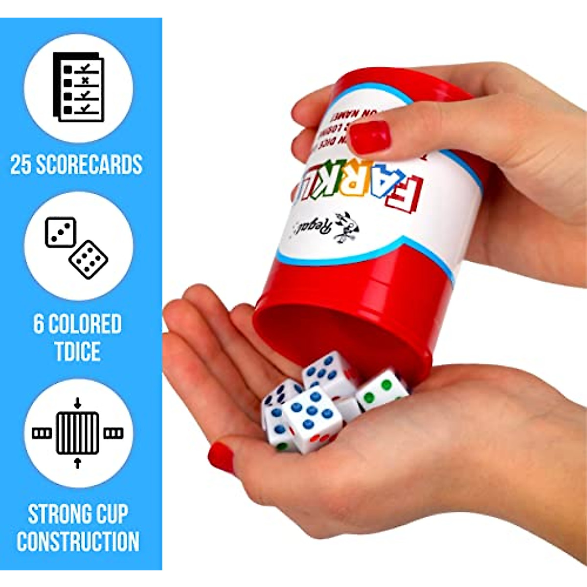 Regal Games - Farkle Dice Game - Fun Family-Friendly Dice Game - Includes Storage Cup with Lid, Six Dice, 25 Scorecards - Ideal for 2-4 Players Ages 12+