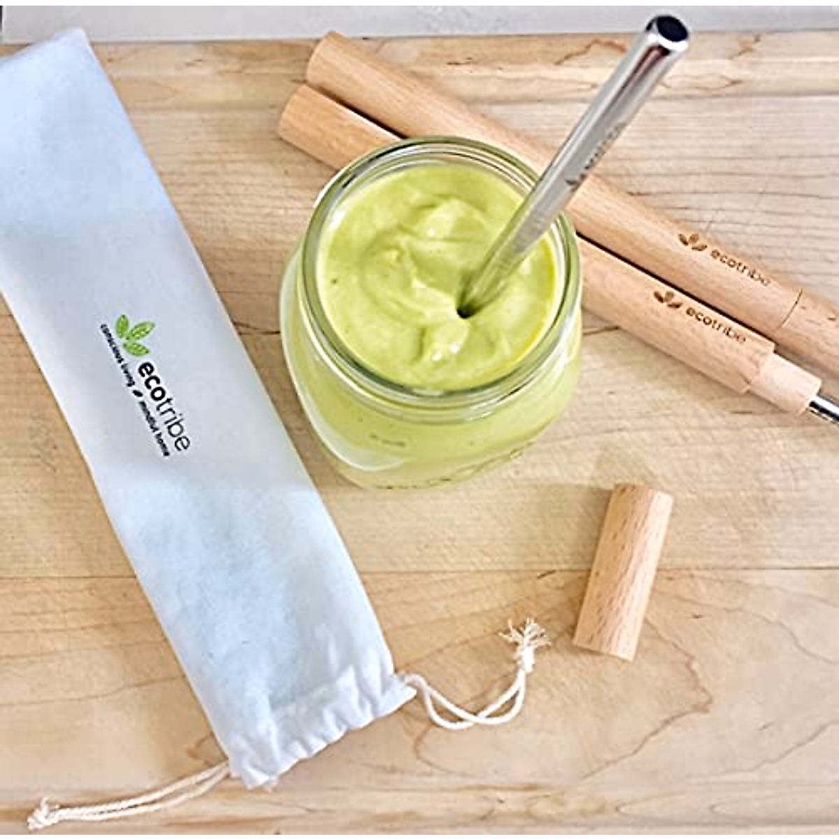 Reusable Metal Stainless Steel Straws: 2 Travel Reusable Straws + 1 Wooden Case + 1 Cotton Cleaning Brush + 1 Pouch, for Hot and Cold Drinks, Portable for Personal Use, 8.5 inches, by Ecotribe