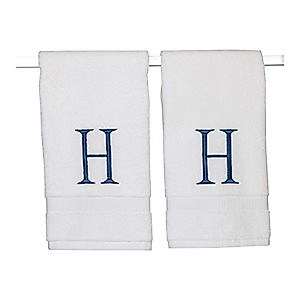 Monogrammed Hand Towels for Bathroom - Luxury Hotel Quality Personalized Initial Decorative Embroidered Bath Towel for Powder Room, Spa - GOTS Organic Certified - Set of 2 Navy Letter H