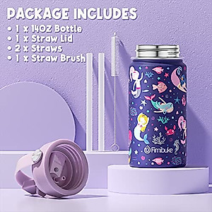 Fimibuke Metal Insulated Water Bottle - 14oz BPA-FREE 18/8 Stainless Steel Travel Tumbler Double Wall Vacuum Leak Proof Kids Cup with Straw for Kids, School Boys Girls(1 Pack, MERMAID)