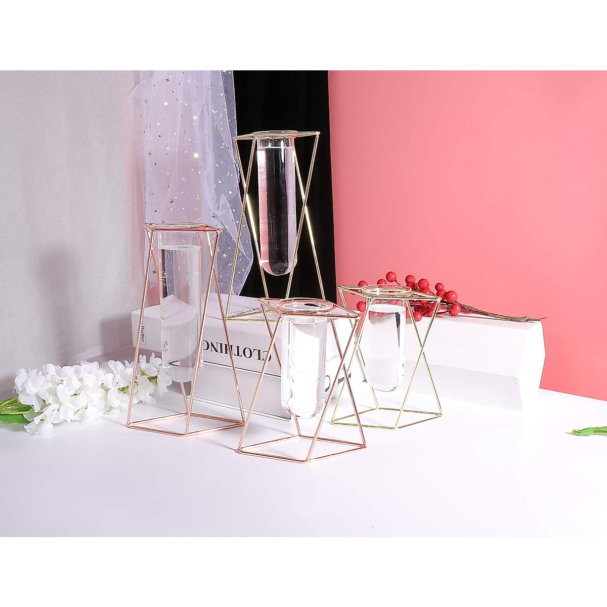 Aoderun Glass Flower Vase with Metal Stand Modern Geometry Desktop Glass Planter Indoor Hydroponics Plants for Home Office Garden Wedding Decor (Gold, M)