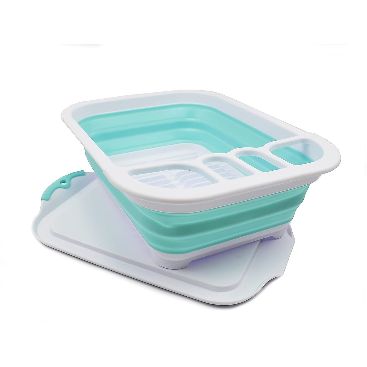 SAMMART 7.5L (2 Gallon) Collapsible Dish Drainer with Drainer Board - Foldable Drying Rack Set - Portable Dinnerware Organizer - Space Saving Kitchen Storage Tray (White/Lake Green, 1)