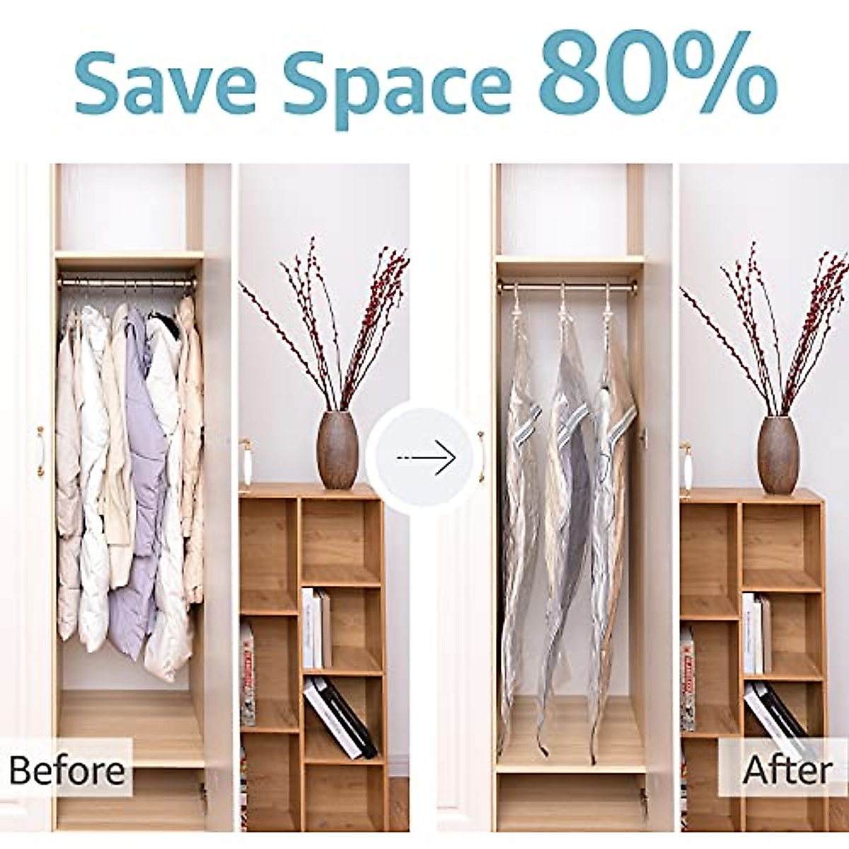 CLEVHOM Vacuum Storage Space Saver Bags Set of 6 (Long Size 342.9 x 177.8 inches), Free Up 80% Space for Closet Organization, No Pumps Needed Vacuum Sealer Bags for Suits, Dresses, Jackets.