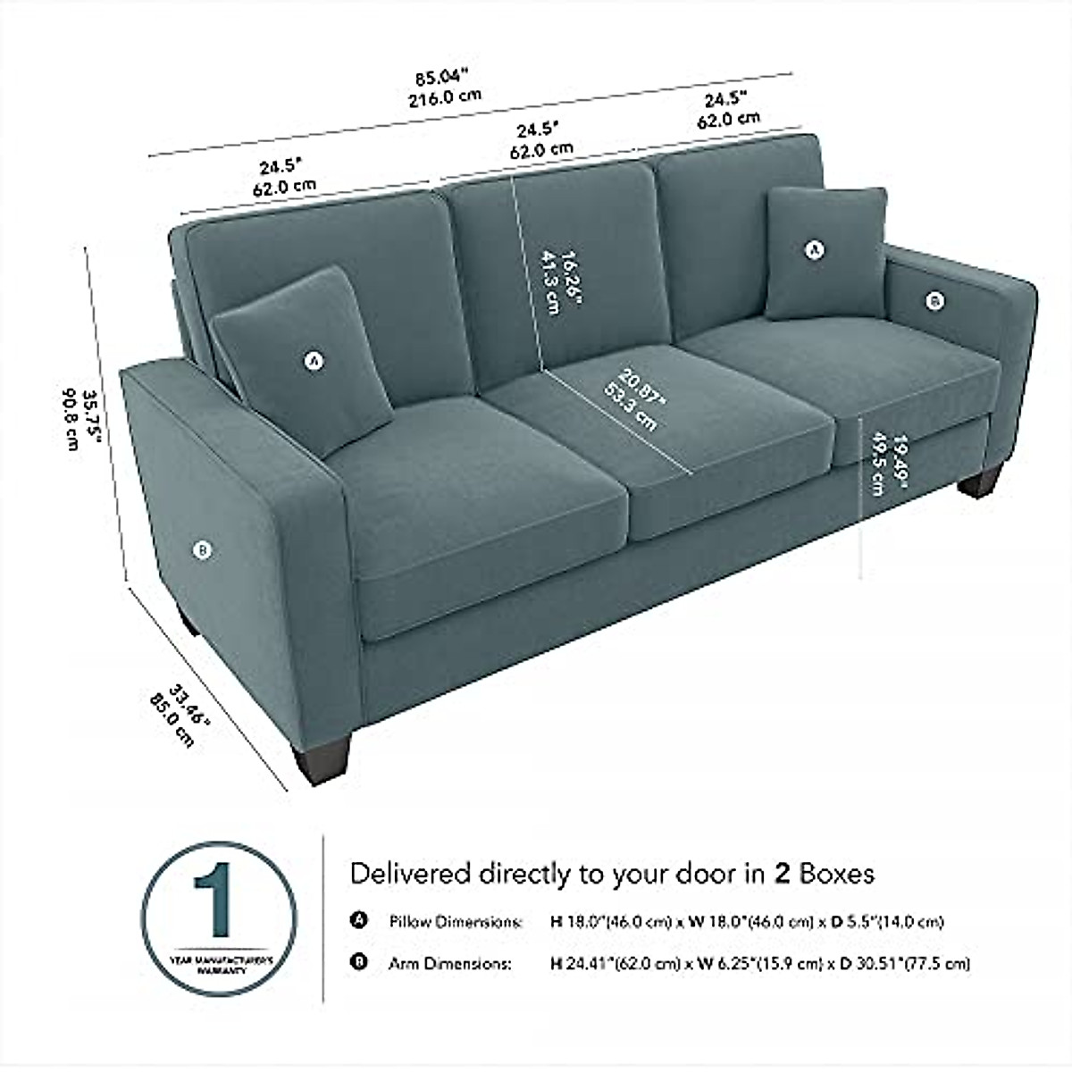 Bush Furniture Stockton Sofa, 85W, Turkish Blue Herringbone