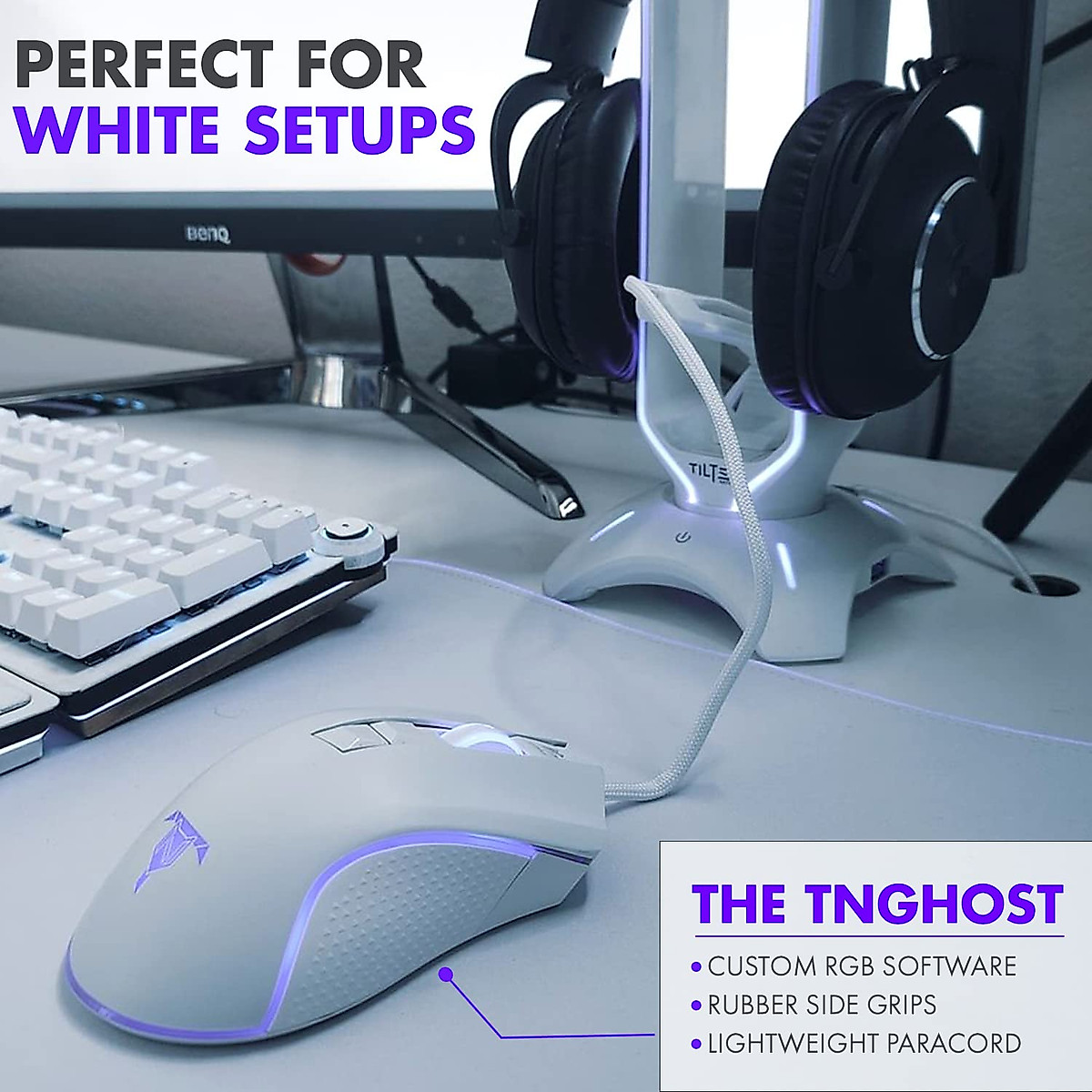 Tilted Nation White Gaming Mouse Wired, LED RGB Mouse for PC Gamers w/Lightweight Paracord Cable USB, 7 Programmable Buttons, Ergonomic Side Grips, 10K DPI, Mechanical Switches - White Mouse