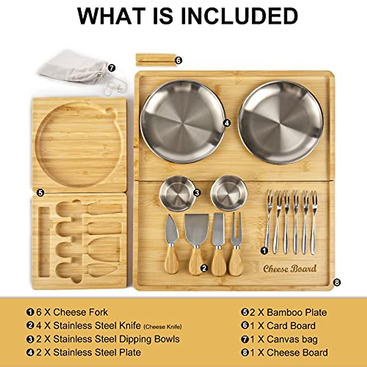 SunClenase Foldable Charcuterie Boards Gift Set - Bamboo Cheese Board and Knife Set - Large Charcuterie Board Set- Perfect Housewarming & Wedding Gifts