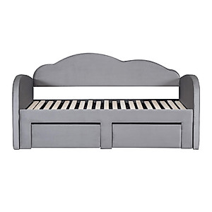 XD Designs Elegant Twin to King Size Upholstered Daybed with Extendable Trundle and 2 Drawers, Velvet Upholstery Daybed Sofa Bed with Cloud-Shaped Backrest, Maximize Space (Grey-VL)