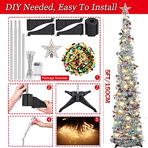 2Pcs Pop Up Christmas Tree with 50 Warm Lights 3D Topper Star - Collapsible Glitter Tinsel Artificial Christmas Pencil Trees Holiday Xmas Decoration for Indoor Home Office