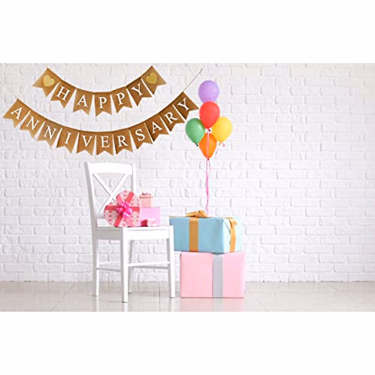 Shimmer Anna Shine Happy Anniversary Burlap Banner for Wedding Anniversary Decorations with Gold Glitter Hearts