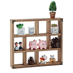 FIRMINANA Rustic Shadow Box Shelf,17.7x15.7-Inch Wall-Mounted (Vertical or Horizontal),9-Slot Rustic Wood Floating Shelves,Lightweight Solid Wood Display Shelf for Shot Glass (Brown)
