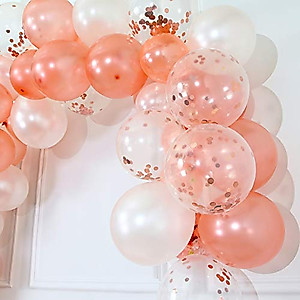 Larchio Rose Gold Balloon Arch Kit, Balloon Garland Rose Gold Confetti Balloons and White Balloons, Balloon Tie and Tape for Birthday Wedding Party Decoration