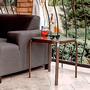 PROLISOK Bronze Metal Outdoor Side Table with Tempered Glass Top Set of 2 – Elegant Small 16" Square Patio Table – Durable Weather-Resistant Coffee Bistro Accent End Table for Outside and Garden