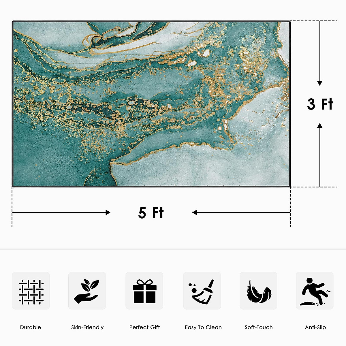 Bribay Area Rug, Washable and Non-Slip 3'x5' Navy Blue Ocean Green Gold Marble Sea Living Room Rug, Indoor Entryway Door Mat, Floor Mat Carpet for Bedroom, Kitchen Laundry, Bathroom