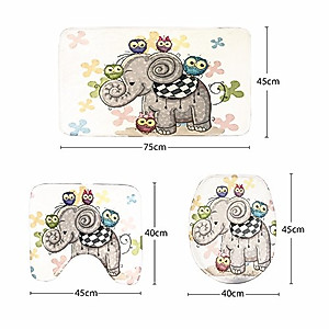 Amagical 16 Piece Bathroom Mat Set Shower Curtain Set Cute Cartoon Elephant and Owls On a Floral Background Bath Mat Contour Mat Toilet Cover Shower Curtain with 12 Hooks