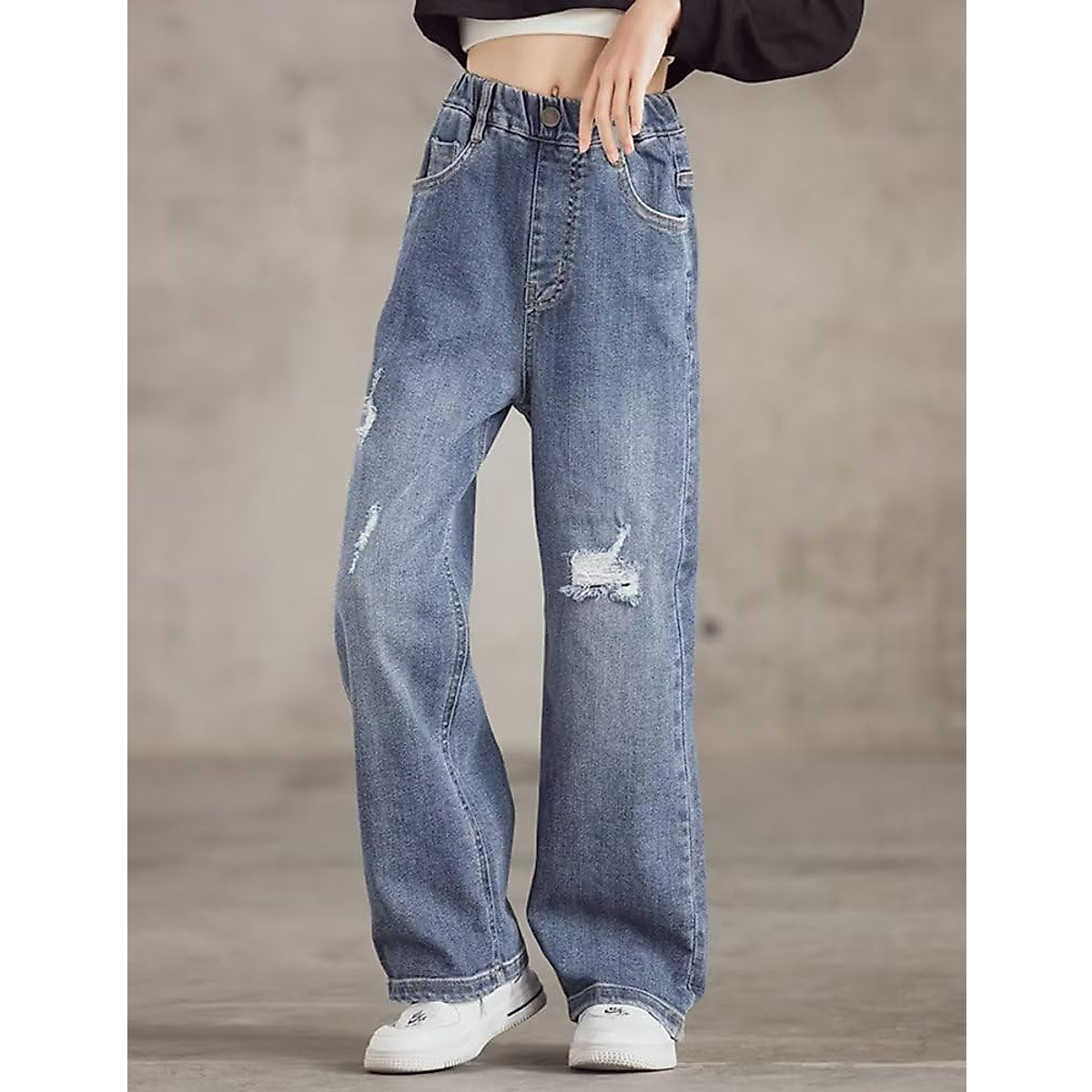 Sitmptol Teen Girl's High Waisted Straight Leg Ripped Jeans Washed Denim Pants with Pockets Wide Leg Blue Ripped 160 11-12 Years