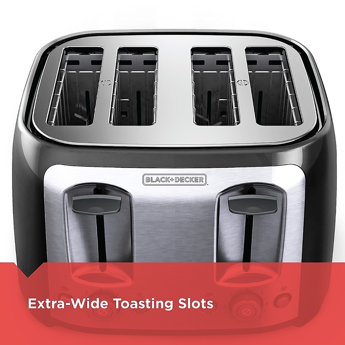 BLACK+DECKER 4-Slice Toaster, TR1478BD, Extra Wide Slots, 7 Shade Settings, 1400 Watts, Frozen and Bagel Buttons