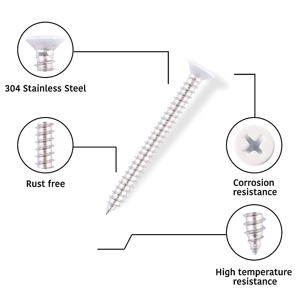 Venforze White Head Wood Screws, 100 PCS #6X1-1/2" Stainless Steel Phillips Flat Head,Stainless Steel 304 Screw,Home Screw Kit