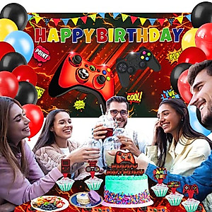 Video Game Birthday Party Decorations - 109Pcs Red and Black Gamer Gaming Party Supplies For Boys Birthday Party - Happy Birthday Gaming Backdrop, Table Cover, Hanging Swirls, Cupcake Topper, Cake Topper, Multi-Color Balloons and Foil Gamer Balloon