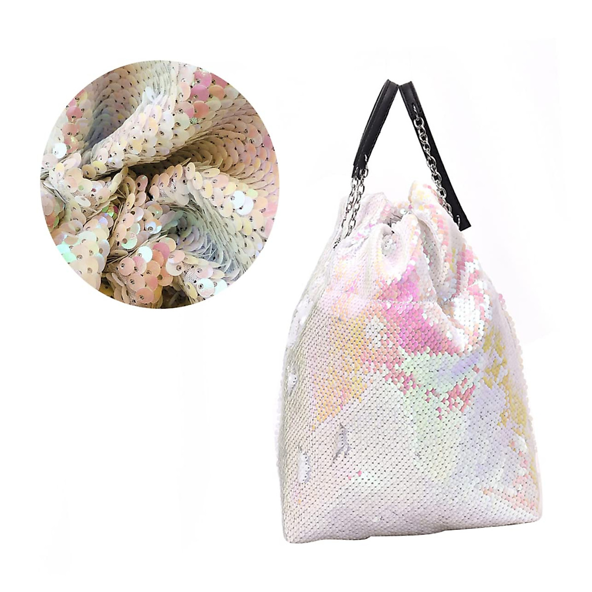 OSALADI Luxury Sequin Messenger Bag Women's Bucket Bag with Chain Large Capacity Tote Shiny Sequin Design White