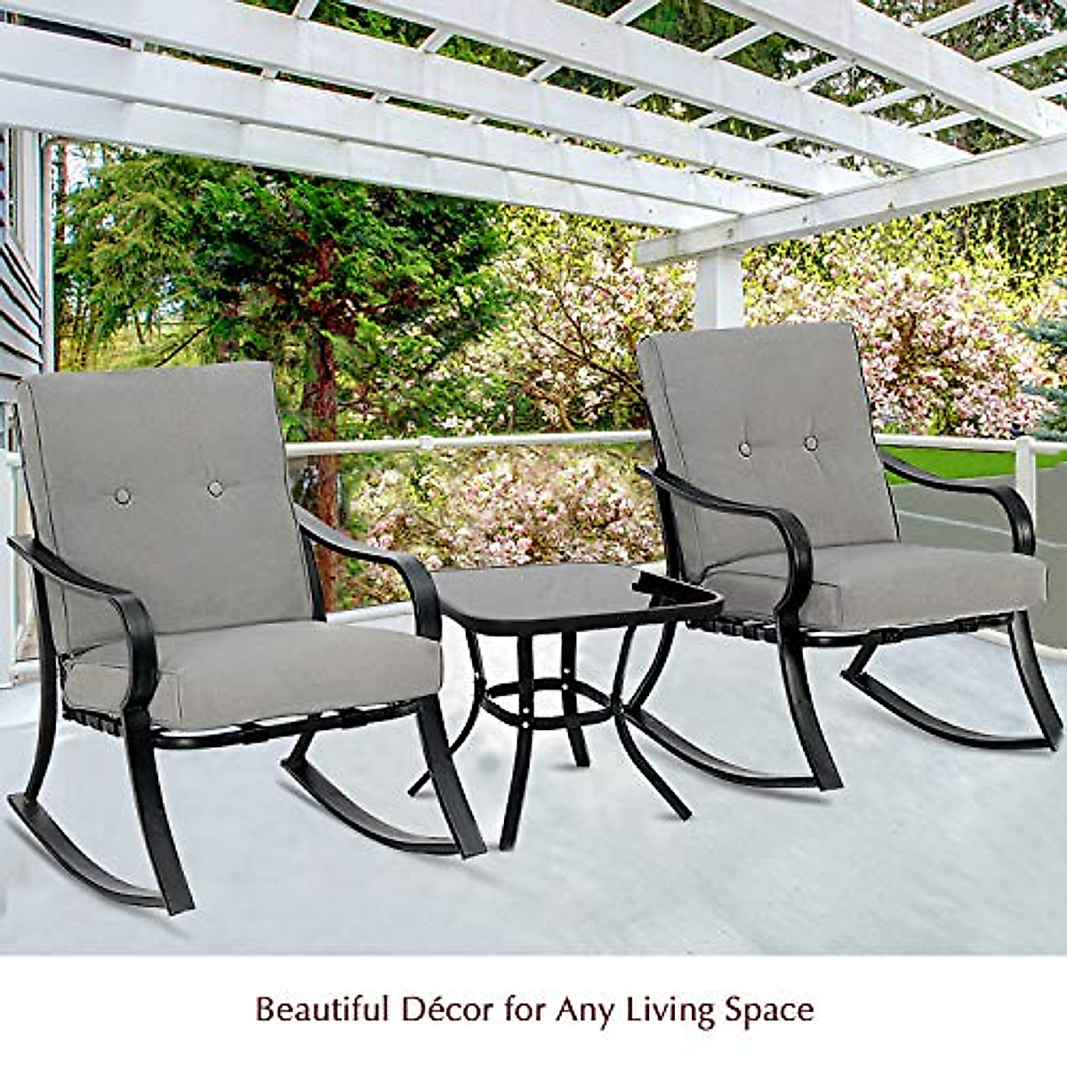 Patiomore Outdoor 3-Piece Rocking Chairs Patio Furniture Bistro Set, Black Metal Chairs and Glass-Top Coffee Table with Thick Cushions, Gray