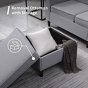 Mjkone 78“ Sectional Sofa Couch for Living Room | Convertible Linen Sofa Chaise with Reversible Storage Ottoman | Modern Modular Sofa with 2 Side Pockets | Small Sofa for Small Places (Light Grey)