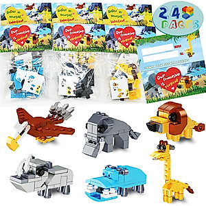 WODMAZ 24 Packs Safari Animal Building Blocks with Valentines Day Cards for Kids, Safari Animal Toys Set for Valentines Classroom Exchange Cards and Valentines Party Favor