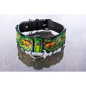 Dog Large Oak Leaf and Acorn Geen Collar, Dog Lover Handstitched Collar, Padded Leather Dog Collar, Dog Collar Handmade Leather