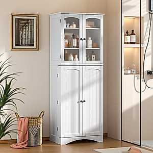 Gizoon 64" Kitchen Pantry Cabinet, Tall Storage Cabinet with Glass Doors and Adjustable Shelves, Freestanding Floor Cabinet Cupboard for Kitchen, Living Room, Dining Room (White)