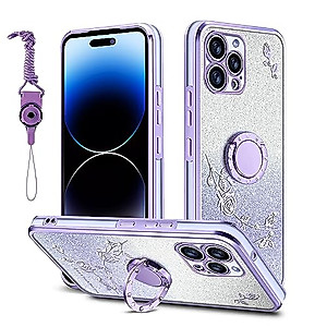 DHIMI for iPhone 14 pro Flowers Floral Design Sparkle Luxury Cases,Diamond Kickstand Plating Glitter Case for Women Girls 14 Pro Phone Cases (Purple)