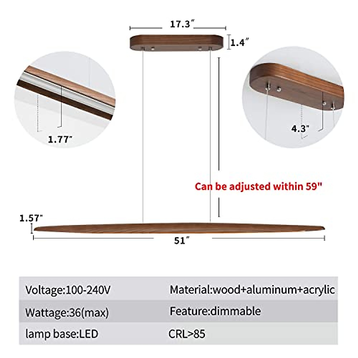 YISDESIGN 51" LED Dimmable Wooden Linear Pendant Lighting Island Lights for Dining Room Bar Kitchen Island Hanging Light Fixture Walnut Color