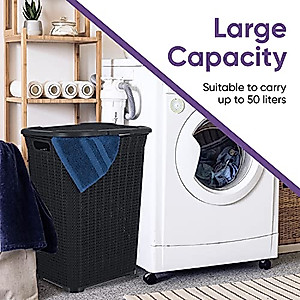 Plastic Laundry Hamper with Lid, Knit Designed Laundry Hamper Basket, 50 Liter White Smoke Cloths Hamper Organizer with Cut-out Handles. Space Saving for Laundry Room Bedroom Bathroom.