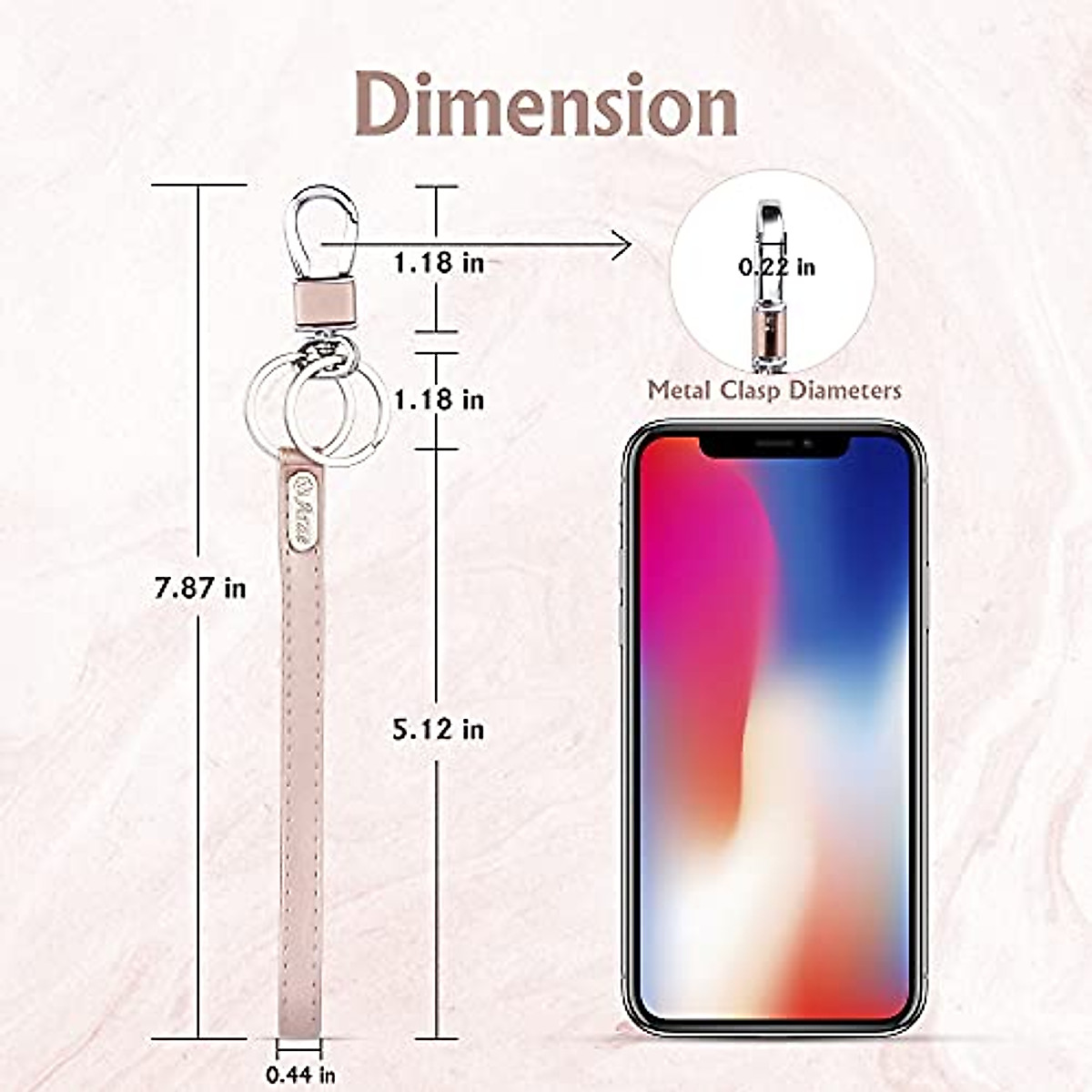 Arae PU Leather Wrsitlet Keychain Bracelet with 2 Key Rings and 1 Metal Clasp for Keys Card Holder women girls - Rose Gold