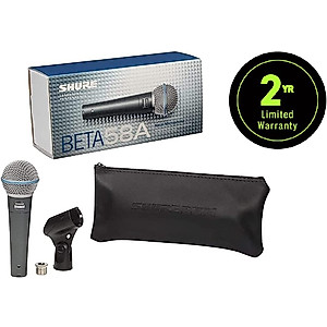 Shure BETA 58A Vocal Microphone - Single Element Supercardioid Dynamic Mic for Stage and Studio, Includes A25D Adjustable Stand Adapter, 5/8” to 3/8” (Euro) Thread Adapter and Storage Bag