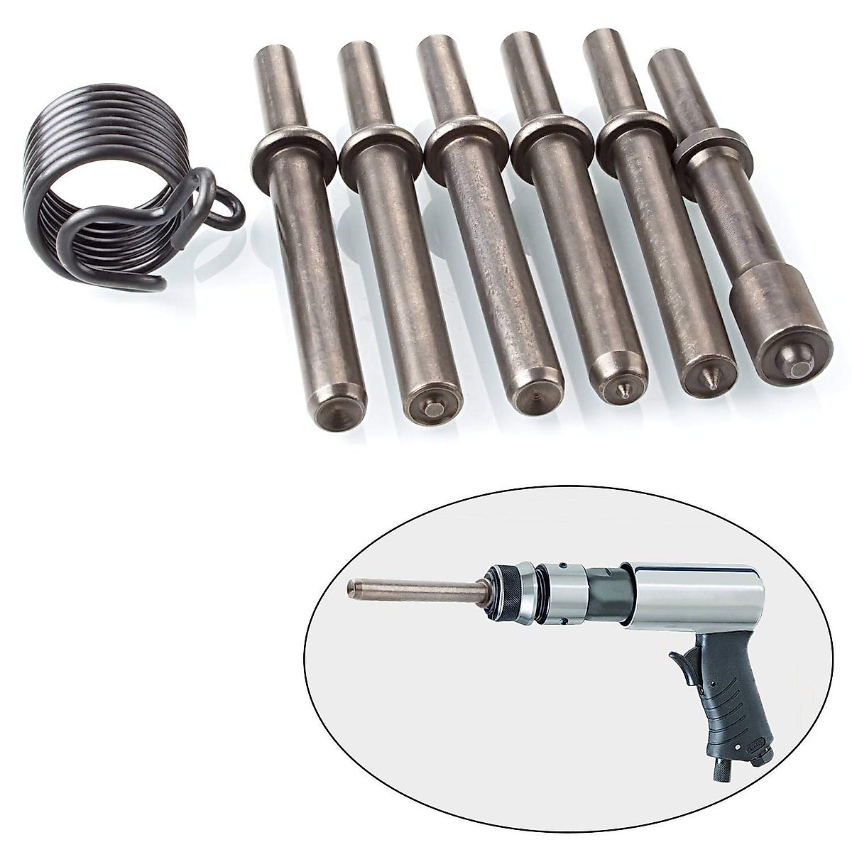 Titoe 7 Pcs Heavey Duty Smoothing Pneumatic Air Rivet Hammer Chisel Bits Tools Kit with Spring