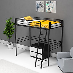 Lifeand Sturdy Twin Size Metal Loft Bed with Built-in Ladder and Guardrails for Space-Saving Solution in Kids' and Teens' Rooms,Black