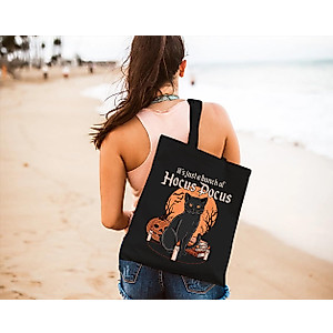 GXVUIS It's Just A Bunch Of Hocus Pocus Canvas Tote Bag for Women Halloween Black Cat Graphic Reusable Grocery Shopping Bags Black