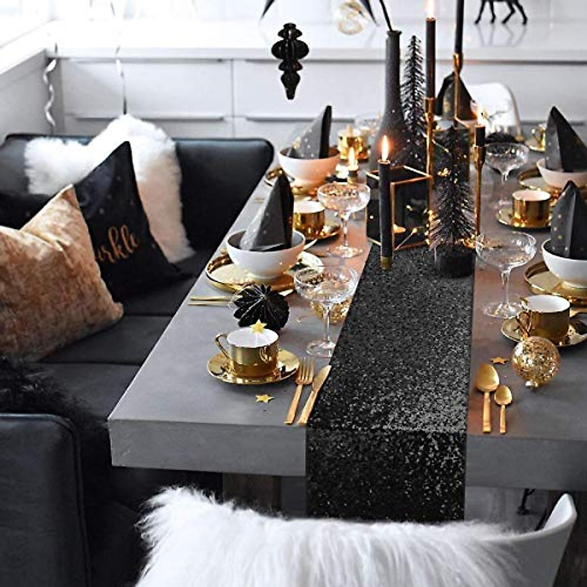 tiosggd Black Sequin Table Runners 2 Packs 12''x108'' Glitter Party Decorations Party Suppliers for Halloween Decorations Baby Bridal Shower Graduation Birthday Wedding Christmas Tablecloth