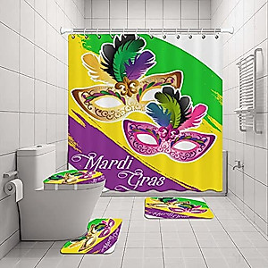 Chfukew 4 Piece Mardi Gras Decor Shower Curtain Set Mardi Gras Mask Rainbow Waterproof Non Slip Bathroom Sets with Shower Curtain and Rugs and Accessories