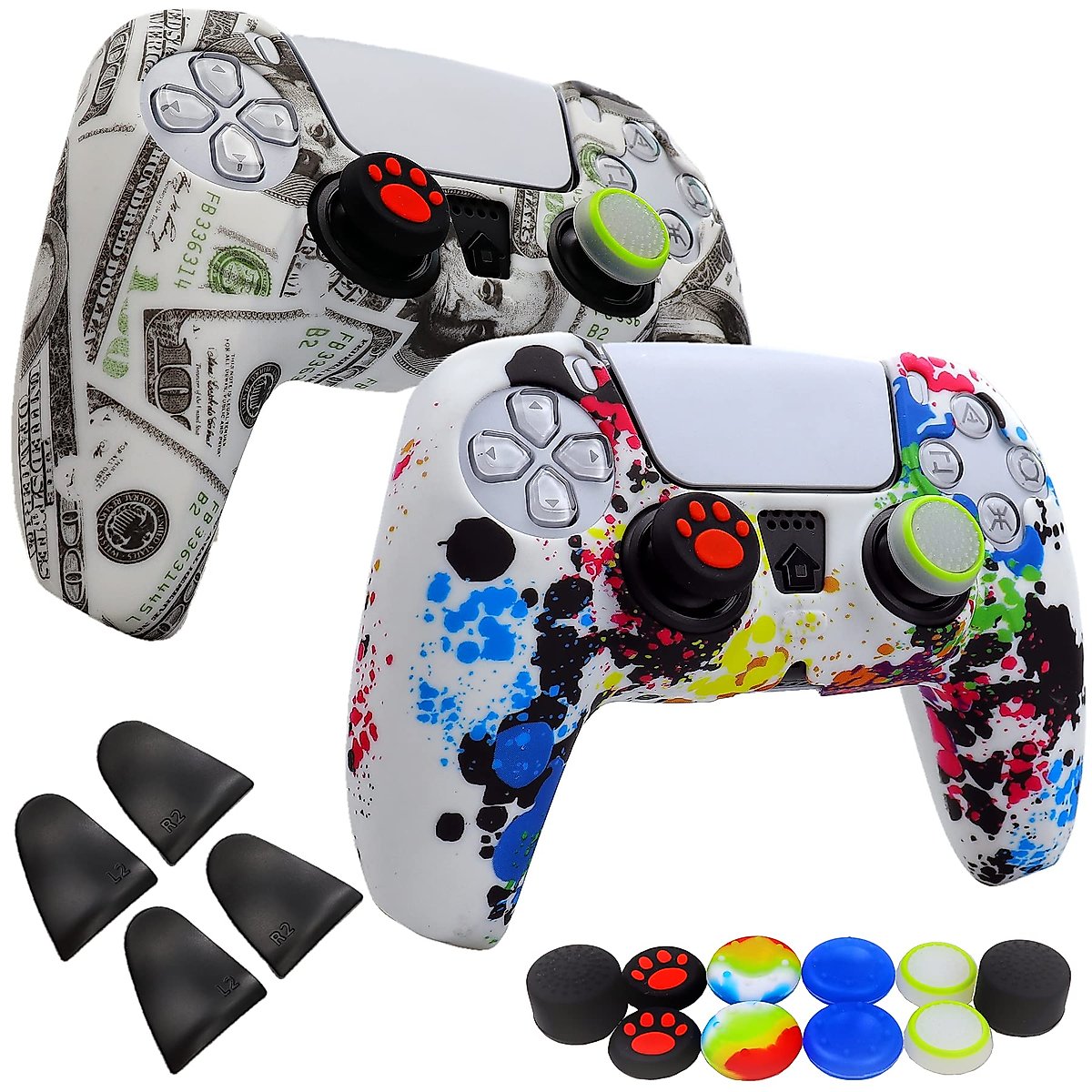 Silicone Skin for Ps5 Controller, 2pcs Anti-Slip Shell Cover Case with 10 Joystick Grips, 2 Pairs L2 R2 for Playsation 5 Controller Wireless Gamepad