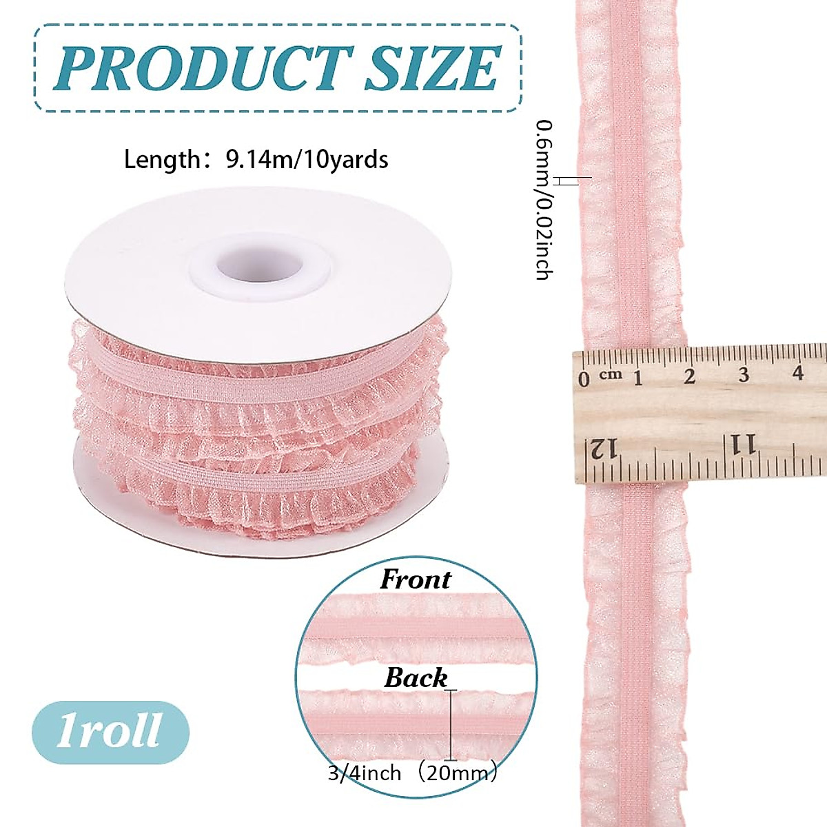 FINGERINSPIRE 10 Yards Double Ruffle Lace Trim Pink 3/4 inch Wide Ruffle Stretch Elastic Edging Trim Pleated Fabric Lace Ribbon for DIY Dress Headwear Decoration and Gift Wrapping