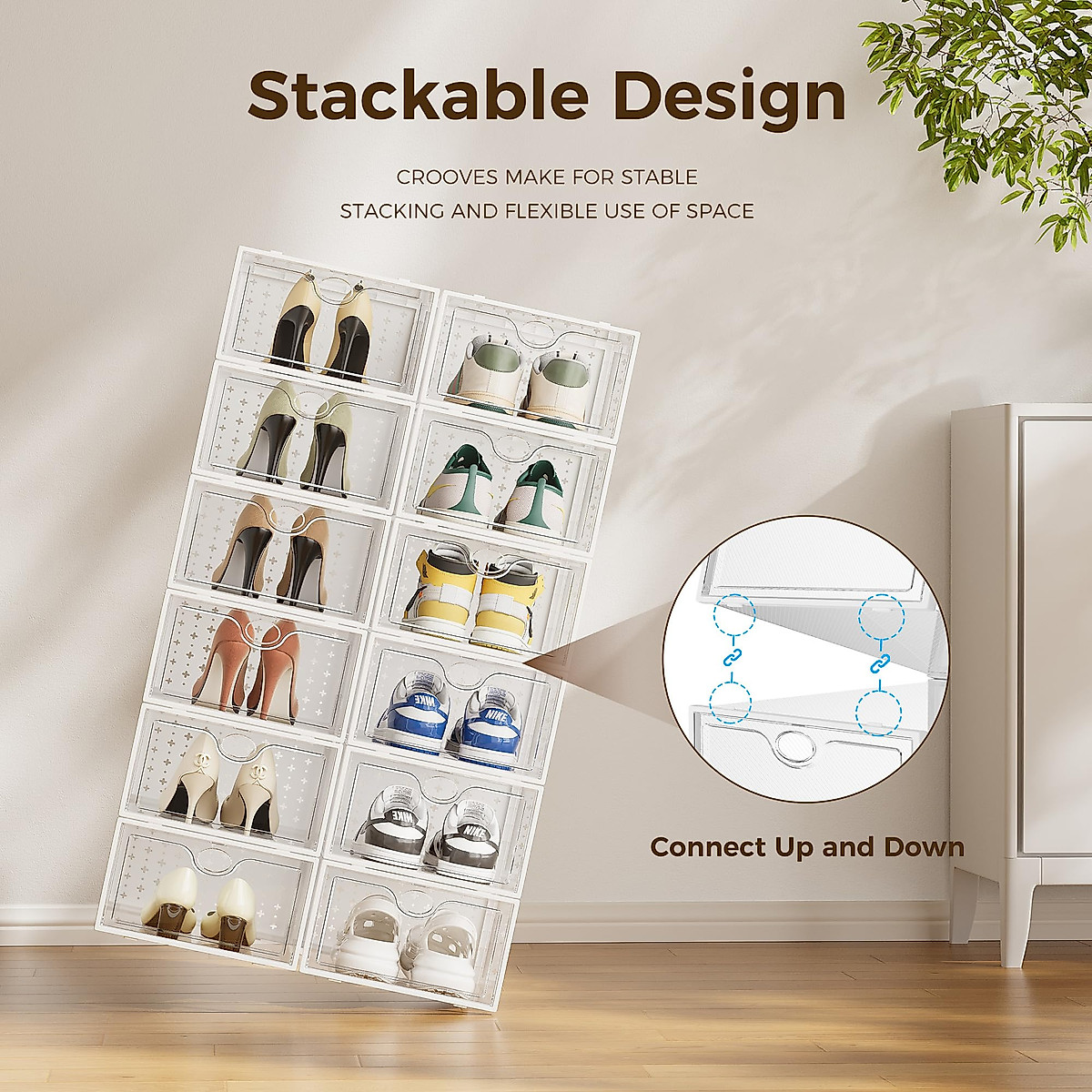 Pinkpum Shoe Storage Boxes, Shoe Organizer for Closet Clear, Shoe Boxes Clear Plastic Stackable, Folable Storage Bins with Lids,12 Pack