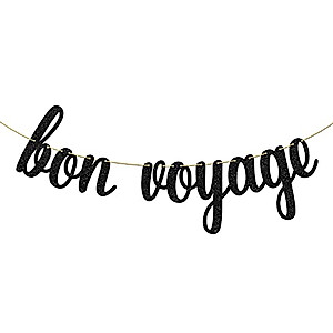 Bon Voyage Banner, Retirement/Graduation/Moving/Goodbye Party Decorations Supplies, Travel Theme Party Sign, Black Glitter