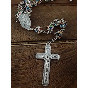 Nazareth Store Colorful Zirconia Crystal Beads Rosary Silver Catholic Necklace with Miraculous Medal Cross Crucifix Multicolor Rosaries in Velvet Bag